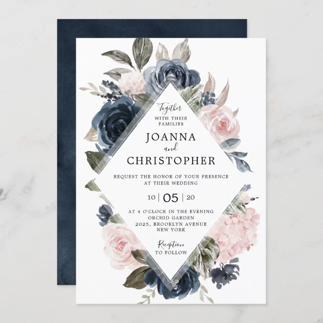 Navy Blue Mauve Blush Rose Boho Geometric Wedding Invitation | Zazzle
