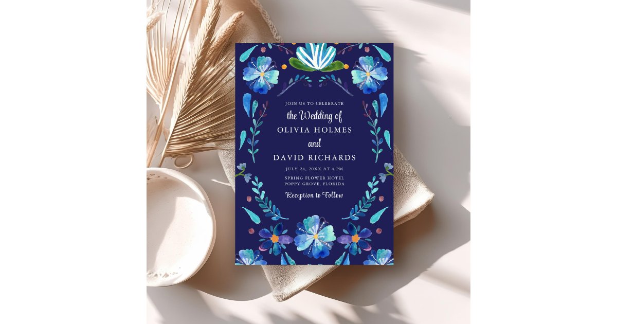 Navy Blue Mexican Floral Fiesta Wedding Invitation | Zazzle