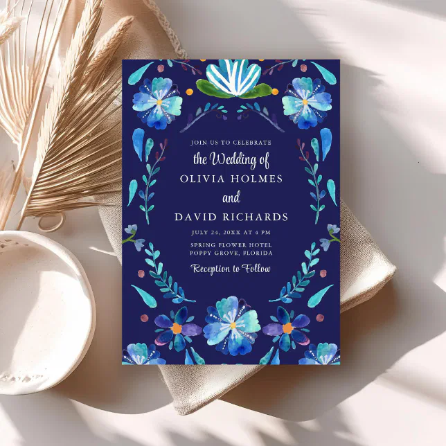 Navy Blue Mexican Floral Fiesta Wedding Invitation | Zazzle