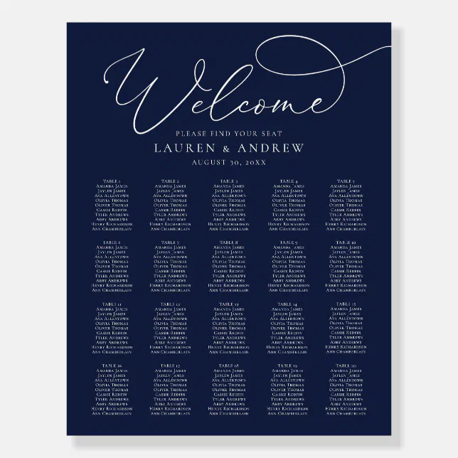 Navy Blue Minimalist 20 Table Seating Chart Foam Board | Zazzle