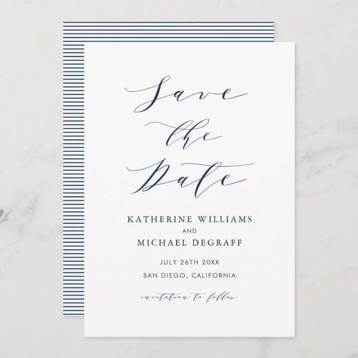 Navy Blue Minimalist Dainty Script Save The Date | Zazzle