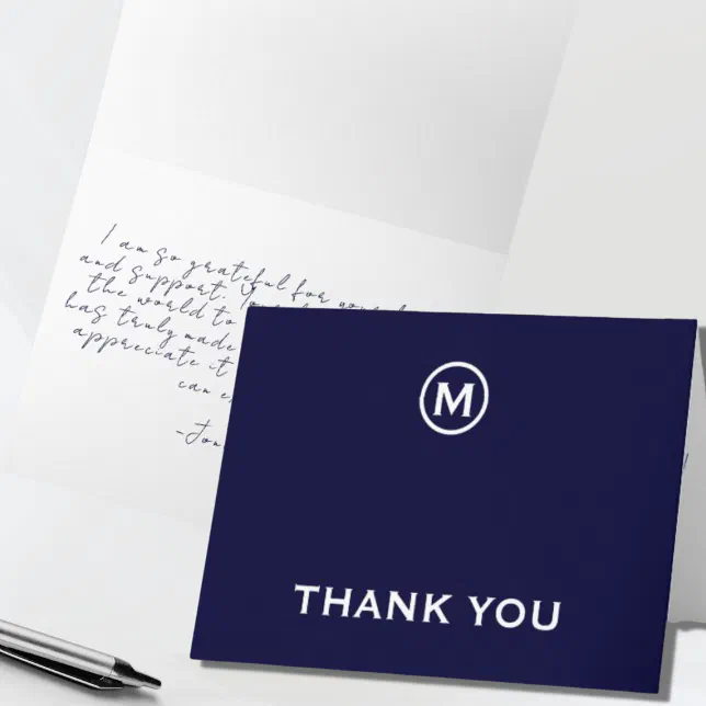 Navy Blue Minimalist Monogram Thank You Note Card | Zazzle
