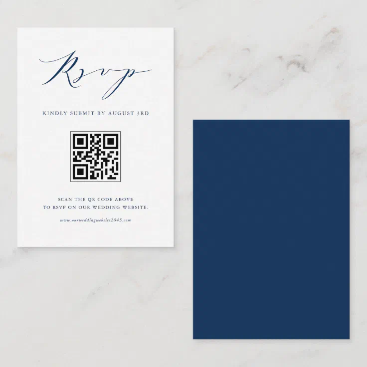 Navy Blue Minimalist Script Black QR Code RSVP Enclosure Card | Zazzle