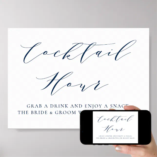 Navy Blue Minimalist Script Wedding Cocktail Hour Poster | Zazzle