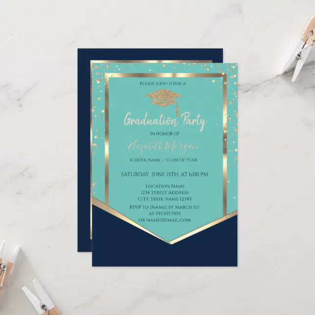 Navy Blue Mint Green Gold Diamonds Graduation Invitation | Zazzle