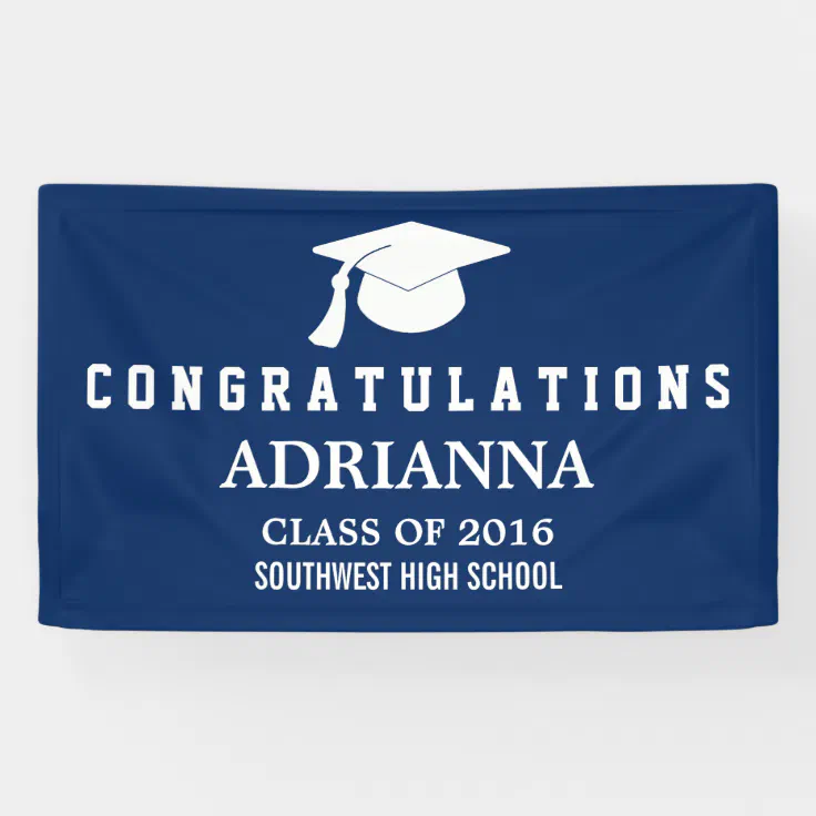 Navy Blue Modern Graduation Hat Congratulations Banner | Zazzle