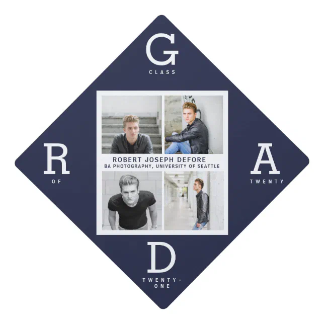 Navy blue modern graphic photo collage graduation graduation cap topper ...