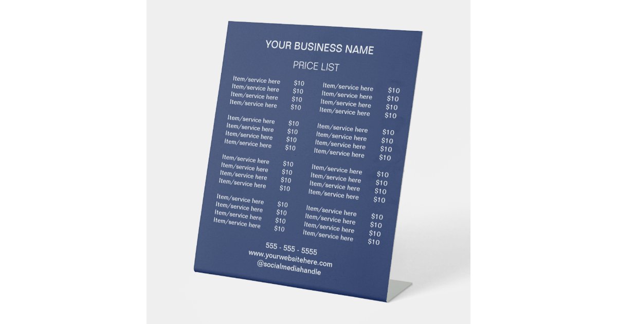 Navy Blue Modern Price List Pedestal Sign | Zazzle