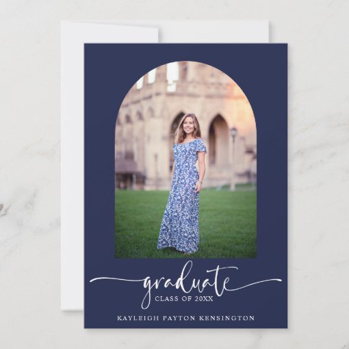 Navy Blue Modern Script Graduation Arch Photo Announcement | Zazzle