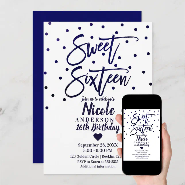 Navy Blue Modern Script Sweet 16 Sixteen Invitation | Zazzle