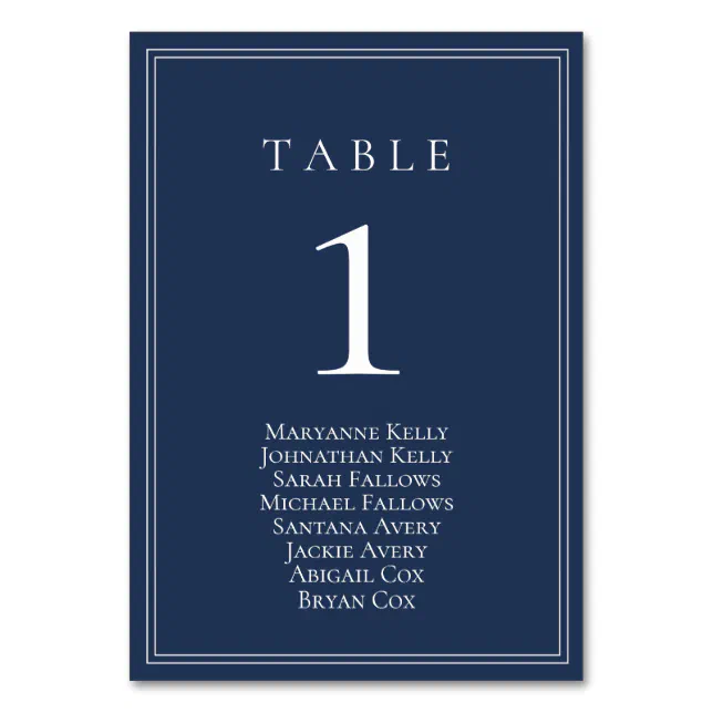 Navy Blue Modern Table Number with Seating Chart | Zazzle