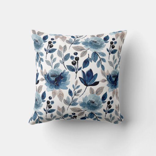 Navy Blue Modern Watercolor Floral Print Pattern Throw Pillow | Zazzle