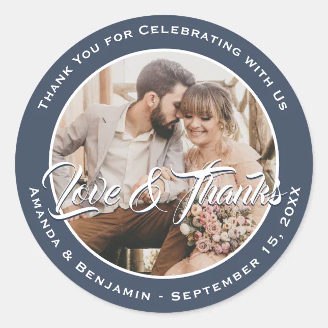 Navy Blue Modern Wedding Photo Favor Classic Round Sticker Zazzle