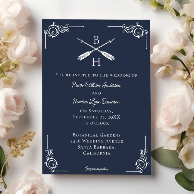 Navy Blue Monogram and Arrows Wedding Invitation | Zazzle