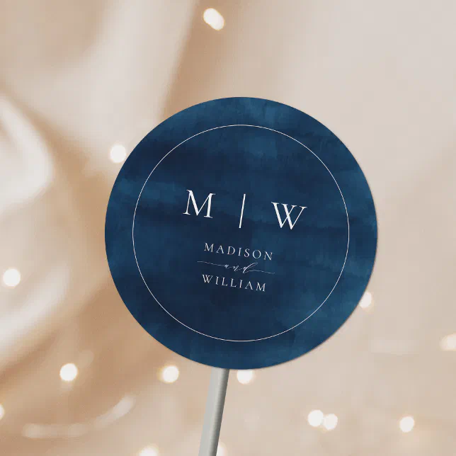 Navy Blue Monogram & Border Elegant Wedding Classic Round Sticker | Zazzle