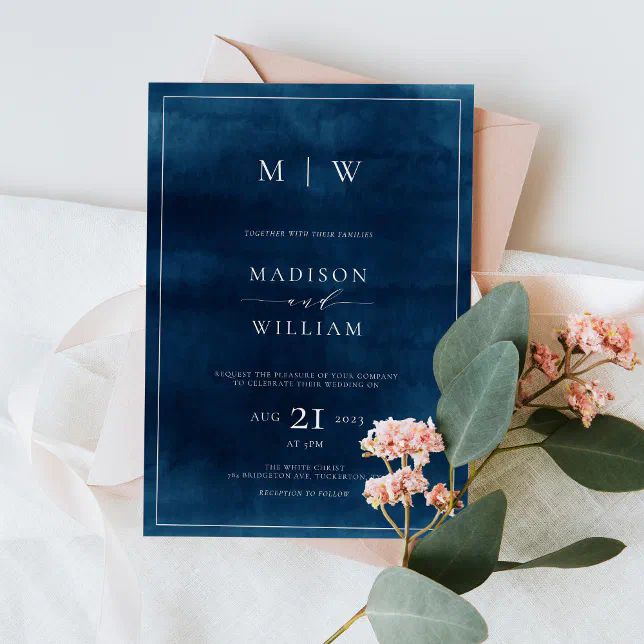 Navy Blue Monogram & Border Elegant Wedding Invitation | Zazzle