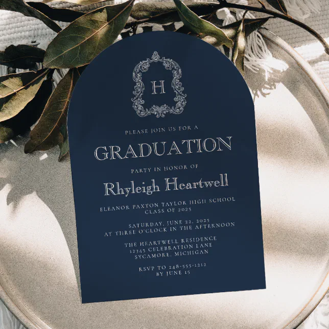 Navy Blue Monogram Crest Arch Graduation Party Invitation | Zazzle