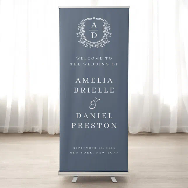 Navy Blue Monogram Crest Wedding Welcome Sign | Zazzle