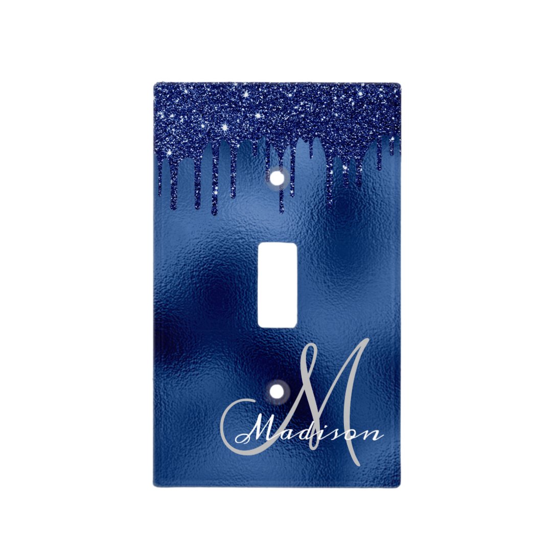 Navy Blue Monogram Glitter Drips Pretty Sparkle Light Switch Cover | Zazzle