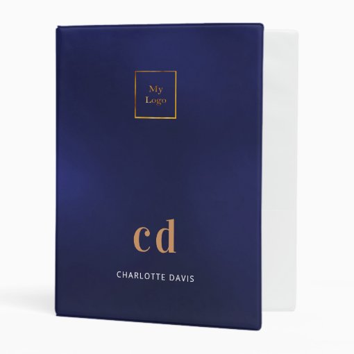 Navy blue monogram gold business logo office mini binder | Zazzle