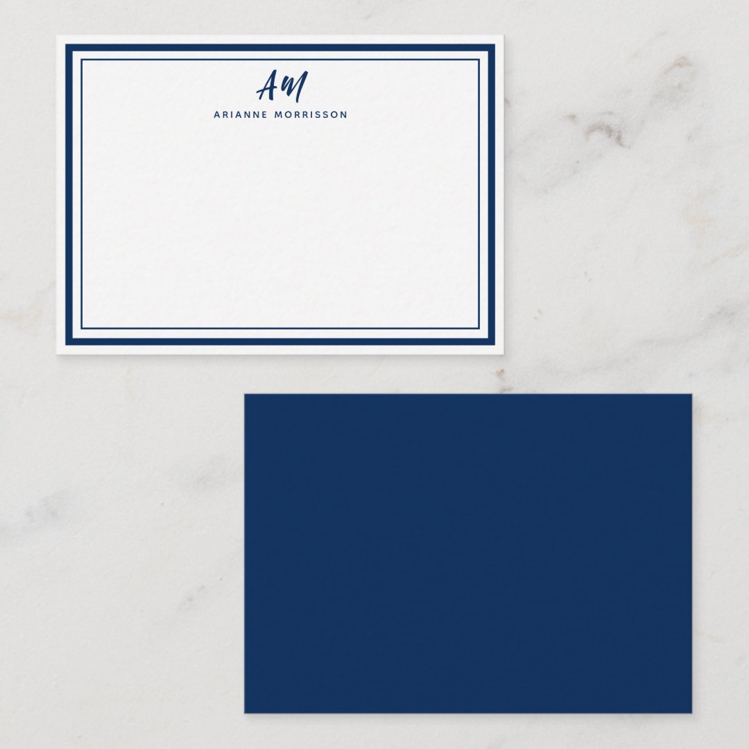 Navy Blue Monogram Thin & Thick Border Note Card | Zazzle