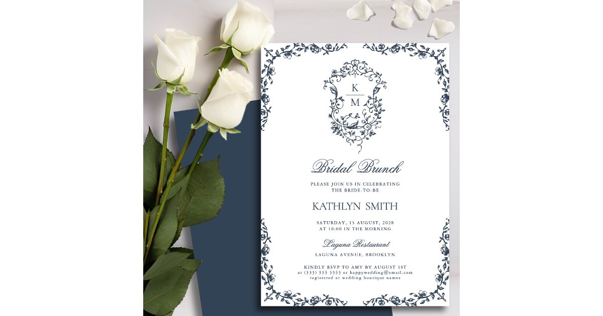 Navy Blue Monogram Vintage Crest Bridal Brunch Invitation | Zazzle