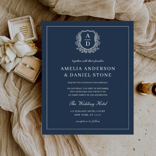 Navy Blue Monogram Wedding Elegant Invitation | Zazzle