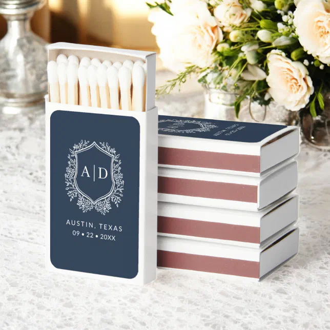 Navy Blue Monogram Wedding Floral Crest Matchboxes | Zazzle