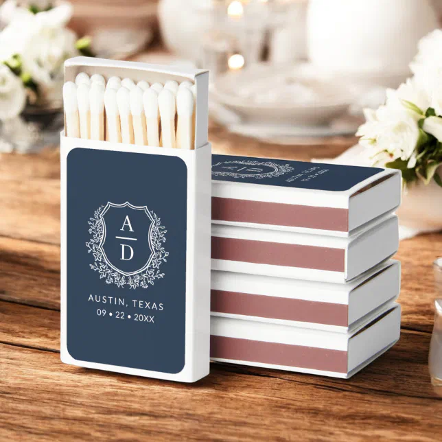 Navy Blue Monogram Wedding Floral Crest Matchboxes | Zazzle