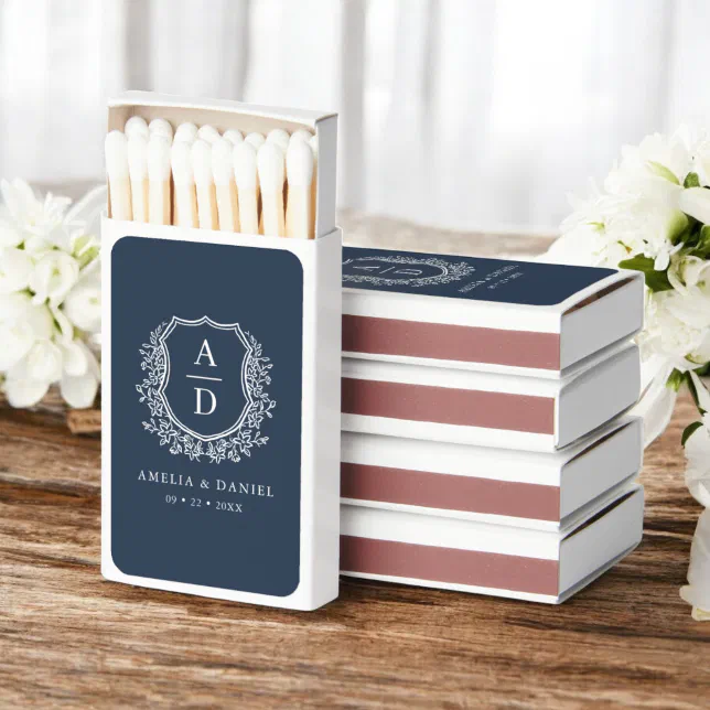 Navy Blue Monogram Wedding Floral Crest Matchboxes | Zazzle
