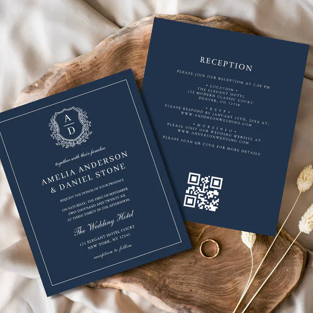 Navy Blue Monogram Wedding QR Code Invitation | Zazzle