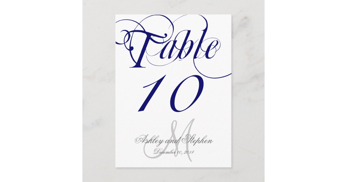 Navy Blue Monogram Wedding Table Number Card | Zazzle