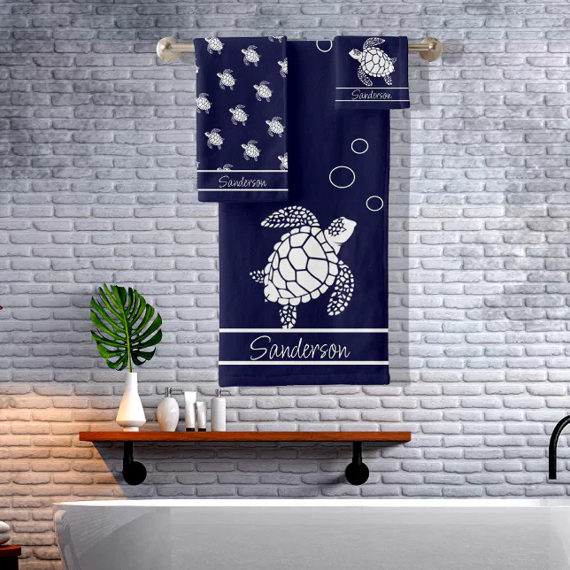 Navy Blue Monogram White Sea Turtle Nautical Bath Towel Set | Zazzle