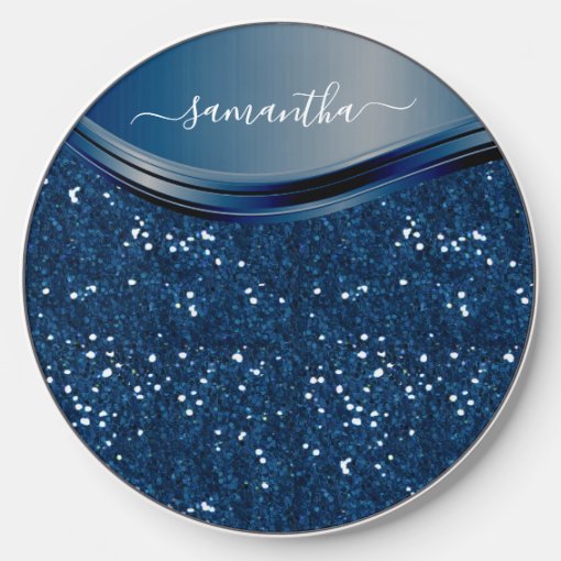 Navy Blue Name Personalized Glitter Look Wireless Charger | Zazzle
