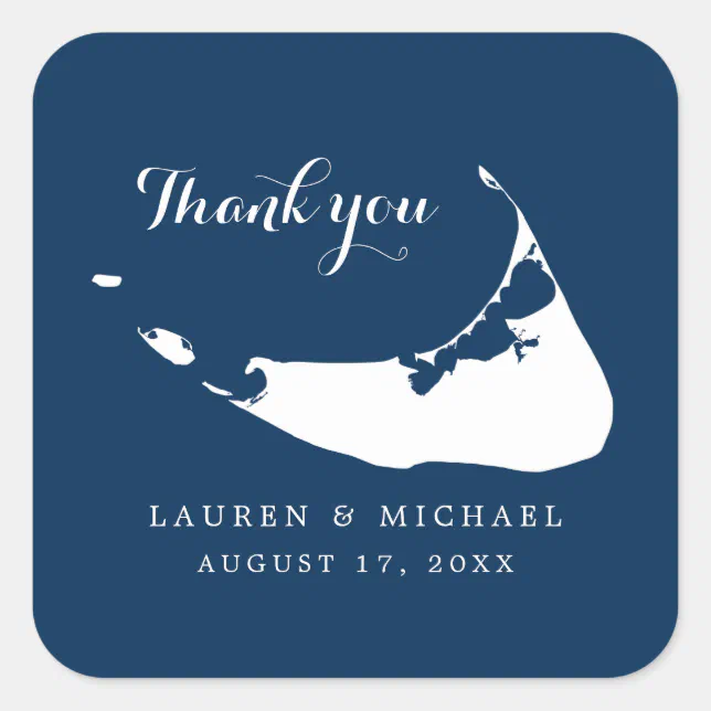 Navy Blue Nantucket Island Map Wedding Thank You Square Sticker | Zazzle