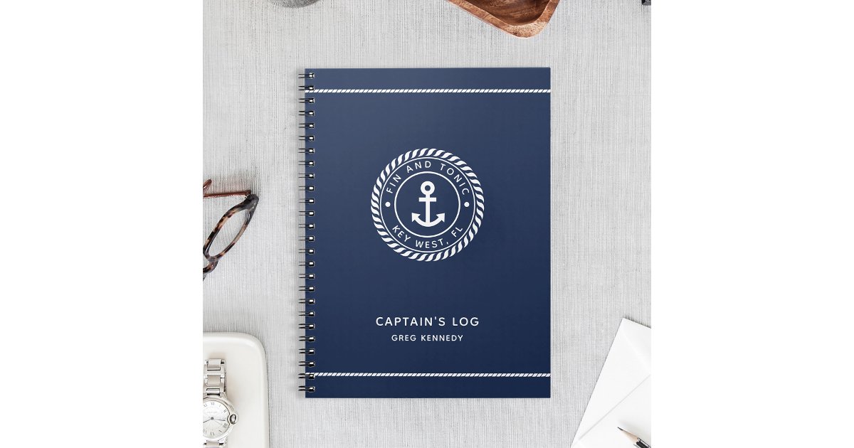 Navy Blue Nautical Anchor Boat Name Captain's Log Notebook | Zazzle