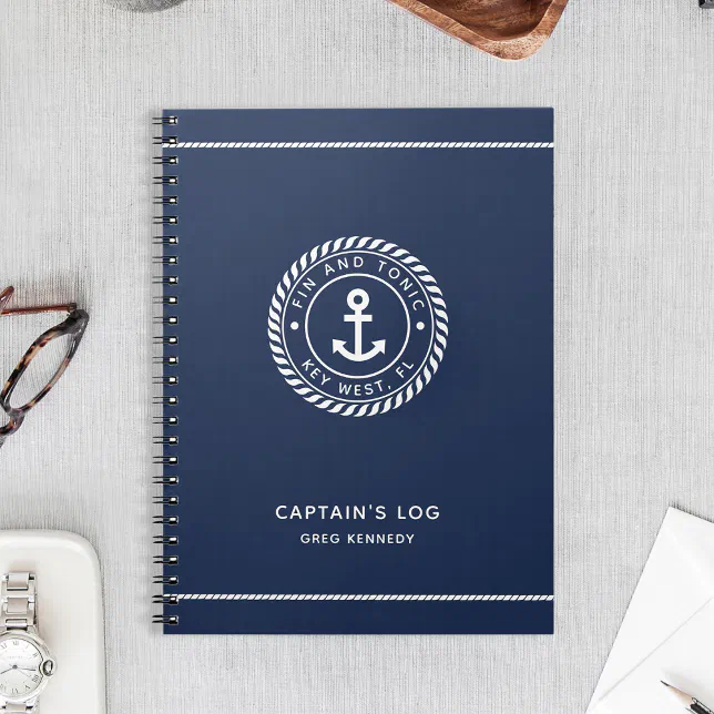 Navy Blue Nautical Anchor Boat Name Captain's Log Notebook | Zazzle