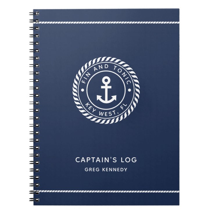 Navy Blue Nautical Anchor Boat Name Captain's Log Notebook | Zazzle
