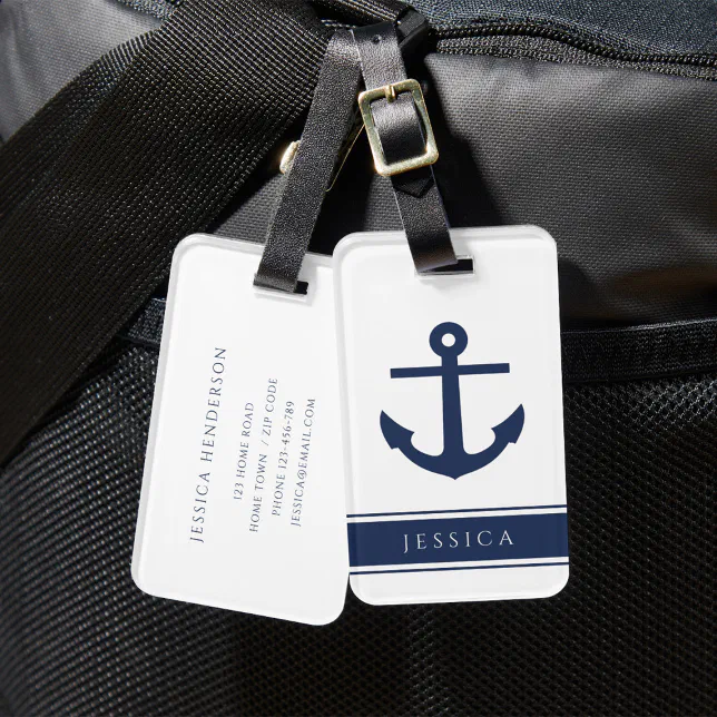 Navy Blue Nautical Anchor Custom Name Luggage Tag | Zazzle