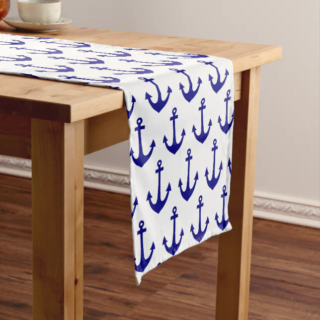 Navy Blue Nautical Anchor Pattern Long Table Runner | Zazzle