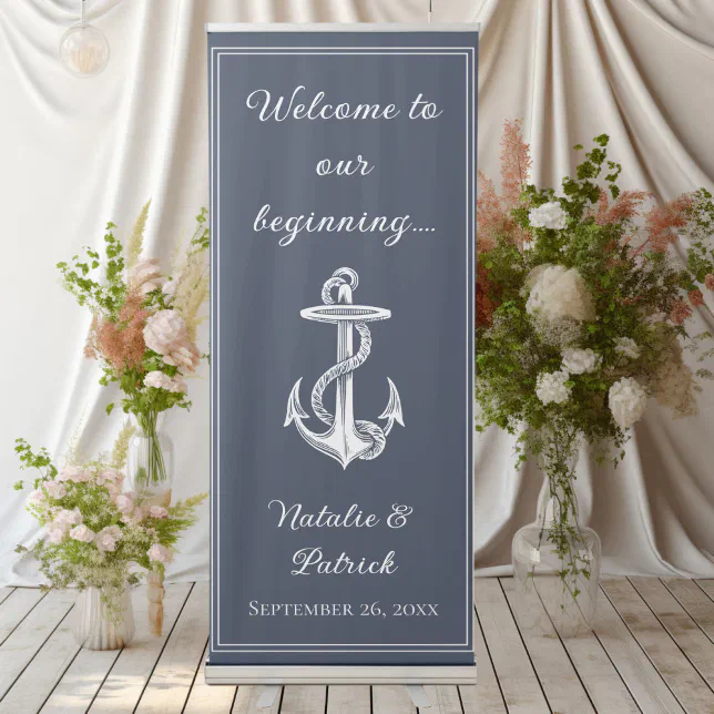 Navy Blue Nautical Anchor Wedding Retractable Banner | Zazzle