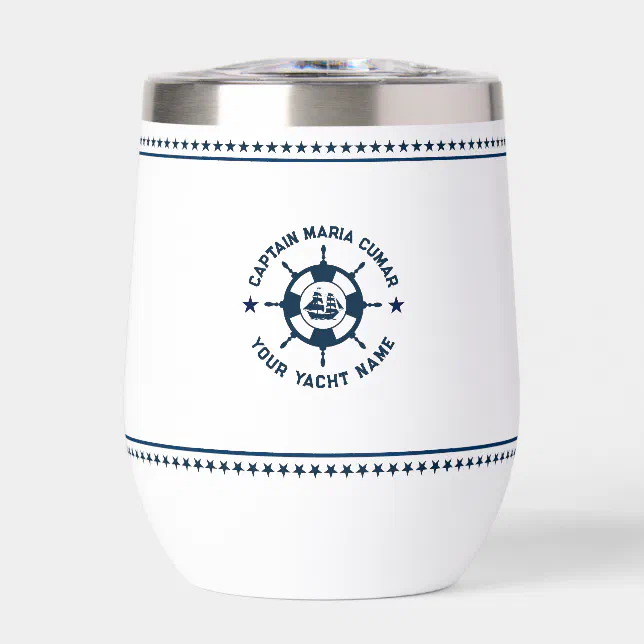 Navy Blue Nautical Boat Wheel Blue Stars Thermal Wine Tumbler | Zazzle