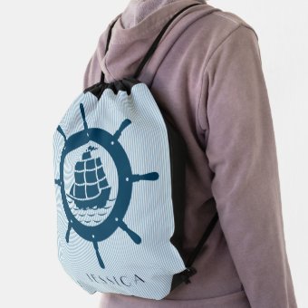 Navy-Blue Nautical Boat Wheel Drawstring Bag | Zazzle