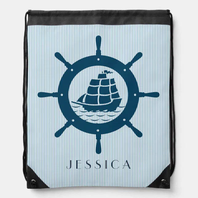 Navy-Blue Nautical Boat Wheel Drawstring Bag | Zazzle