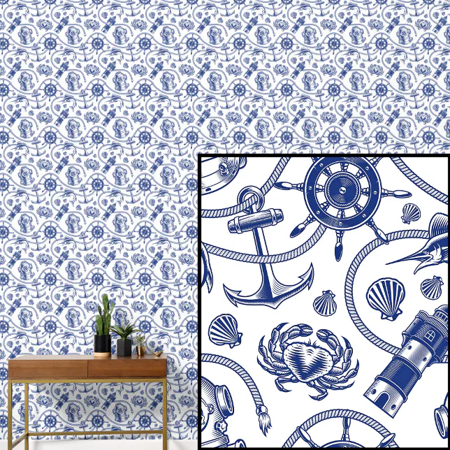 Navy Blue Nautical Design on White Wallpaper | Zazzle