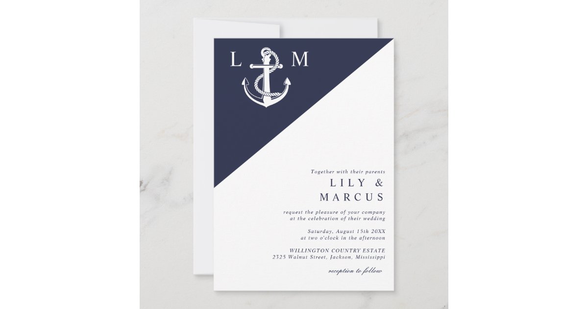 Navy Blue Nautical Minimalist Monogram Wedding Invitation | Zazzle