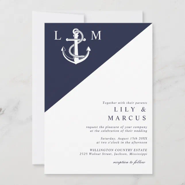Navy Blue Nautical Minimalist Monogram Wedding Invitation | Zazzle