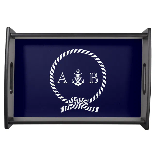 Navy Blue Nautical Rope and Anchor Monogrammed Serving Tray | Zazzle