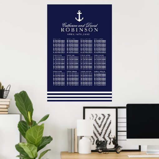 Navy Blue Nautical Seating Plan with Anchor Poster | Zazzle