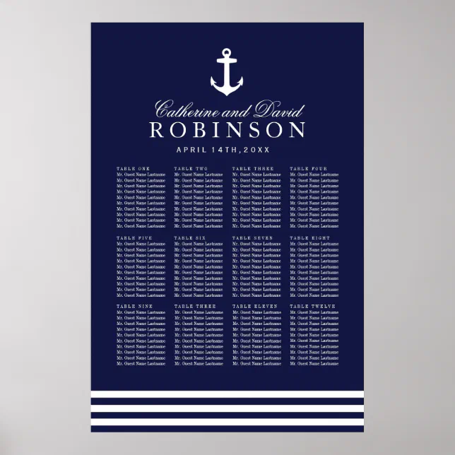 Navy Blue Nautical Seating Plan with Anchor Poster | Zazzle